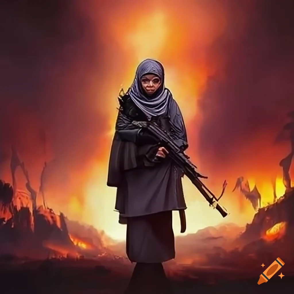 Muslim female soldiers in a fierce battle on Craiyon