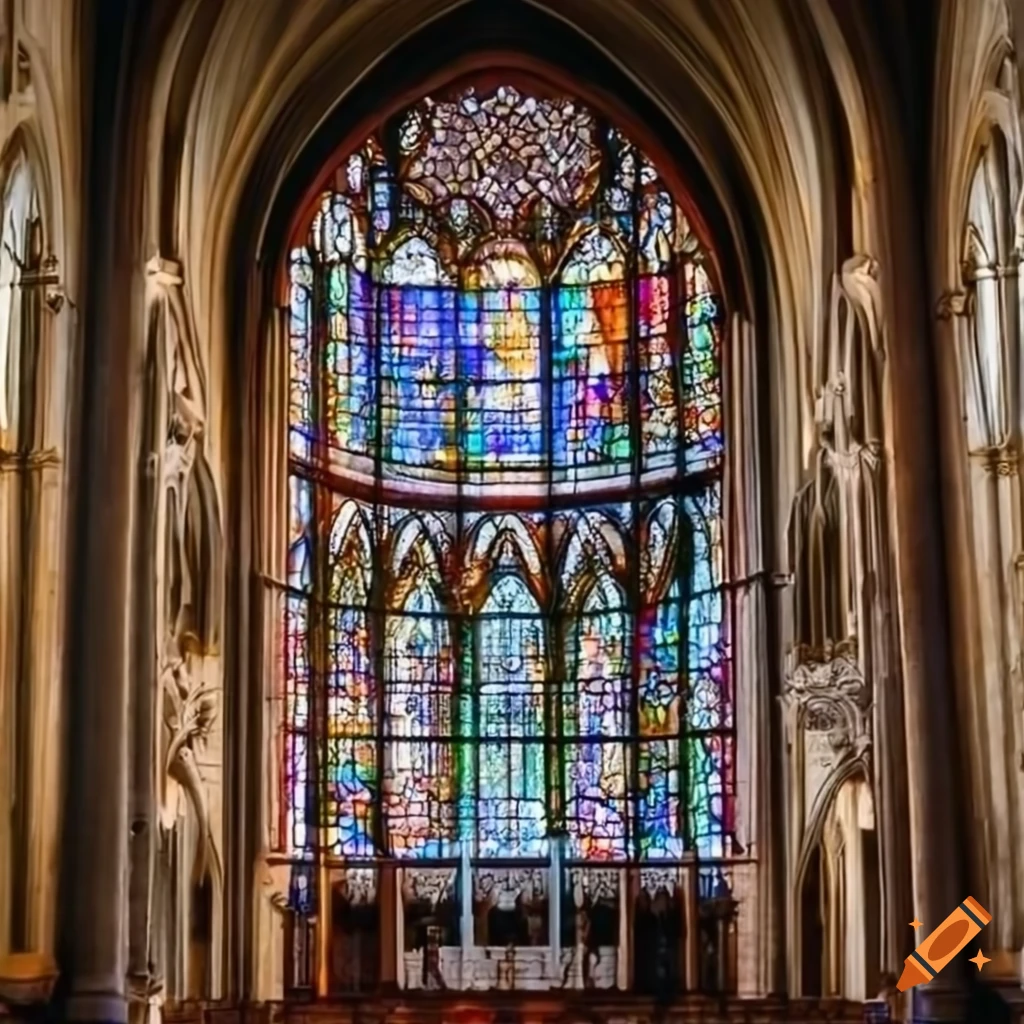 Interior view of a cathedral with beautiful stained glass windows on ...