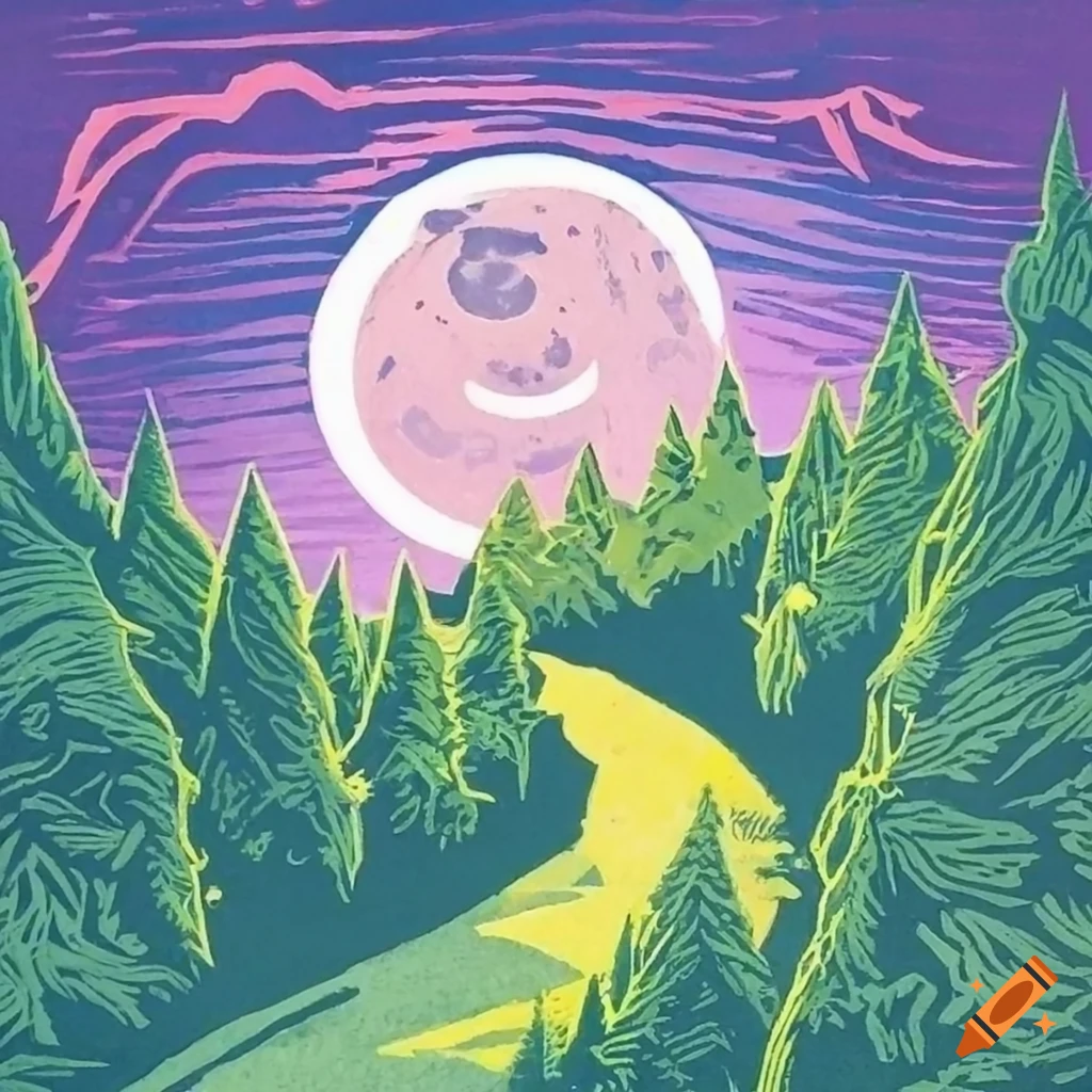 Linocut castle scene with moon and forest