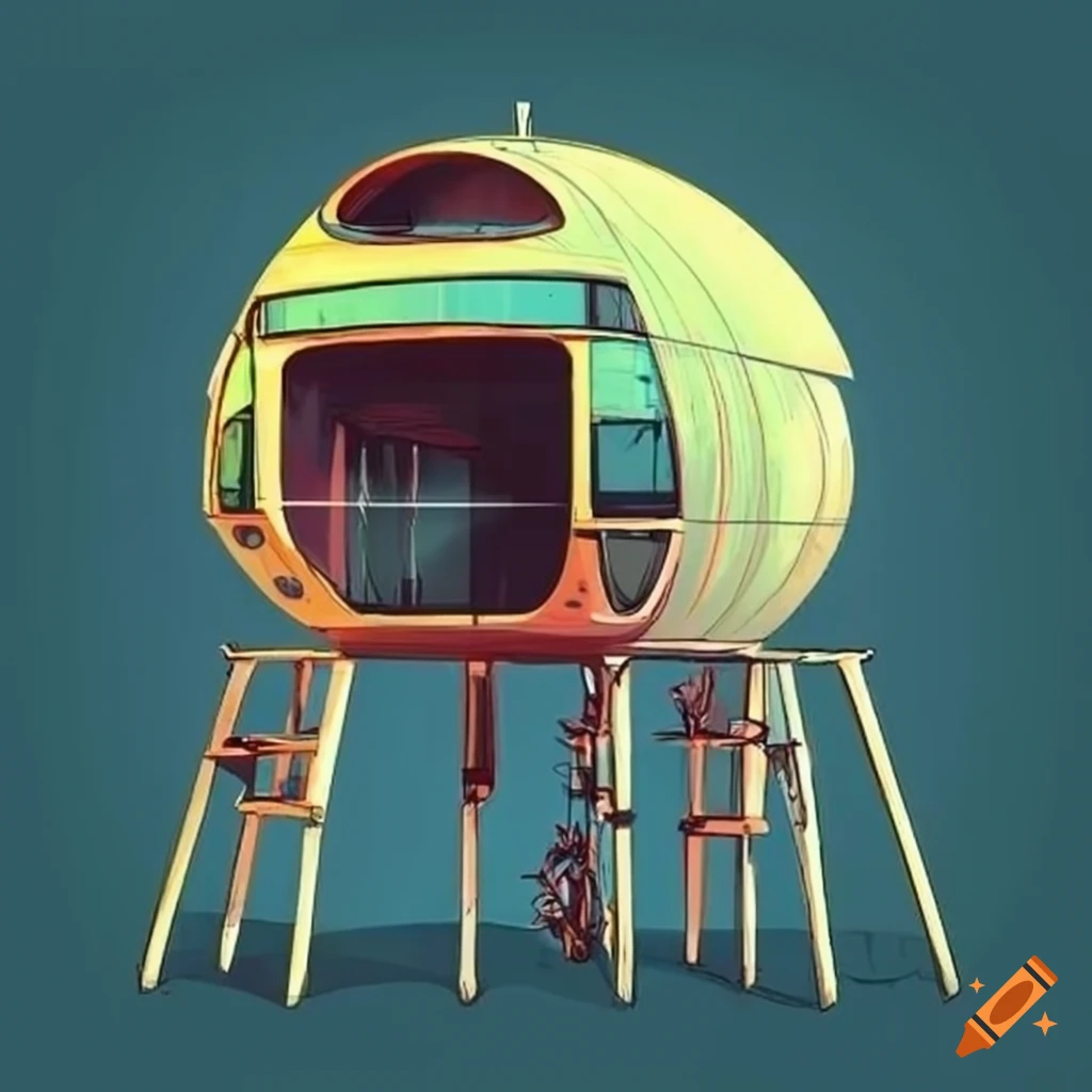 Retro-futuristic technical drawing of a unique living pod with landing ...