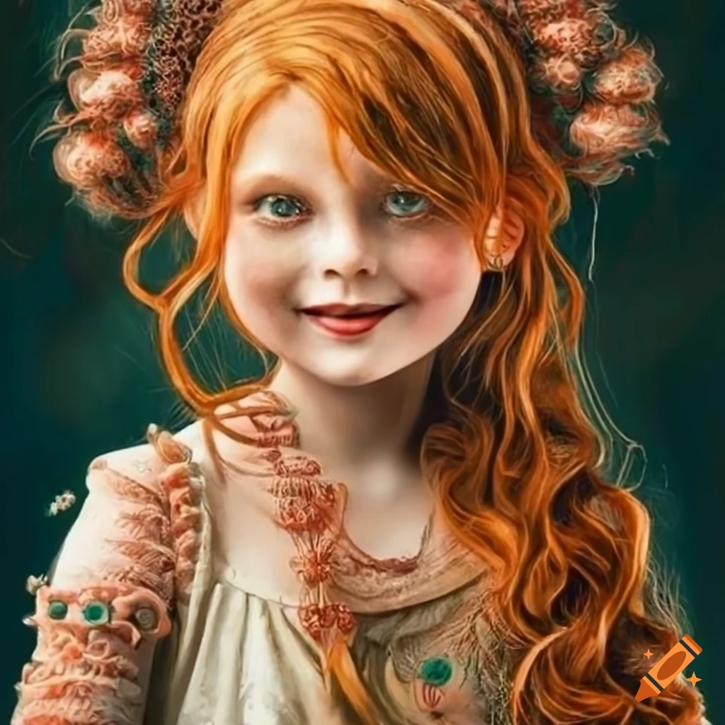 Illustration of cute and smiling ginger-haired dressed girls on Craiyon