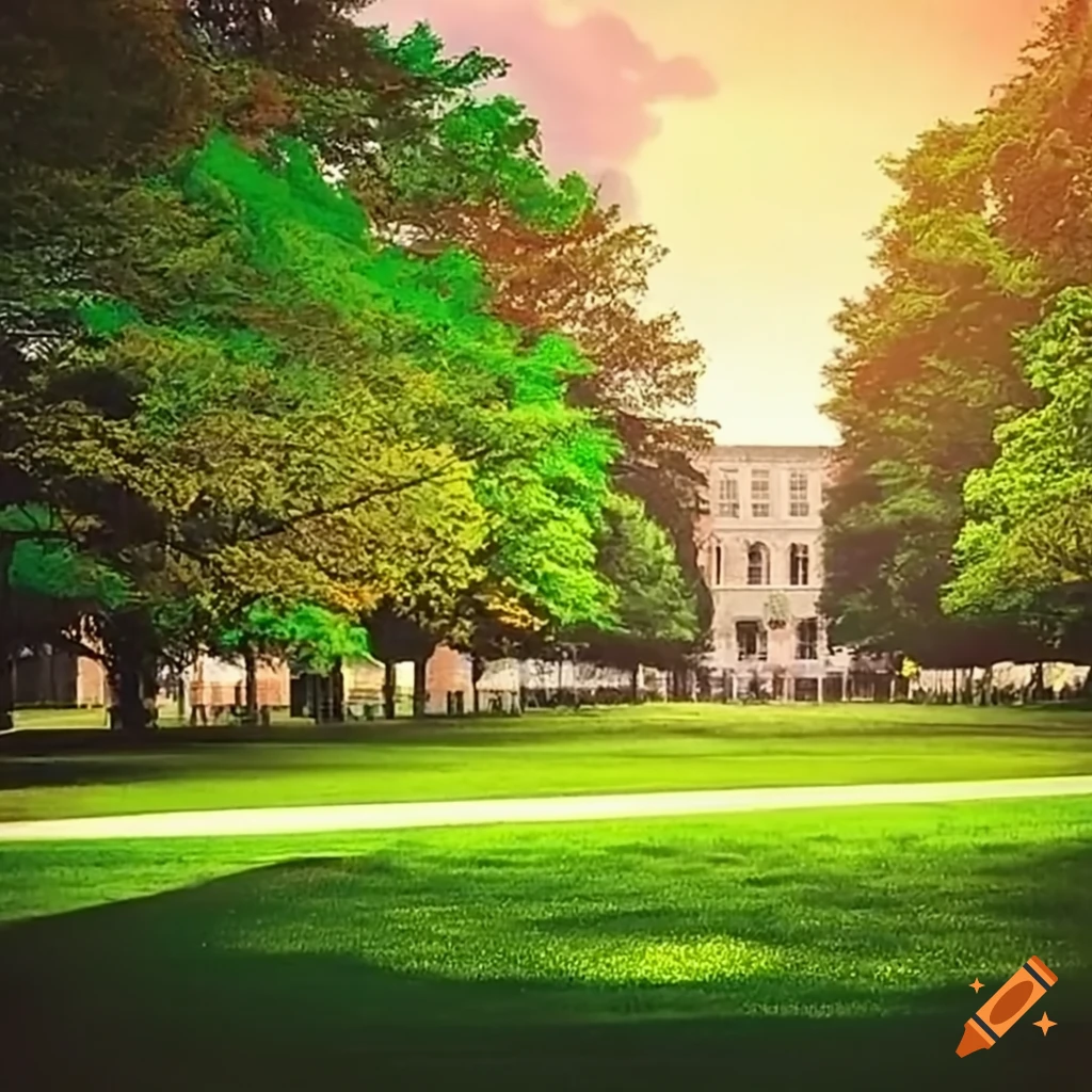 College campus surrounded by trees on Craiyon