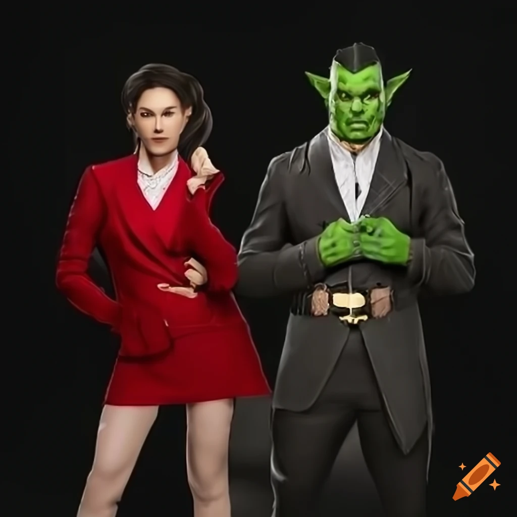 Business attire for male orc and female elf on Craiyon
