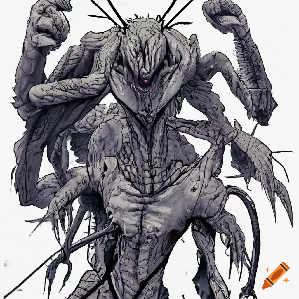 Colorful manga artwork of a demonic preying mantis on a white background