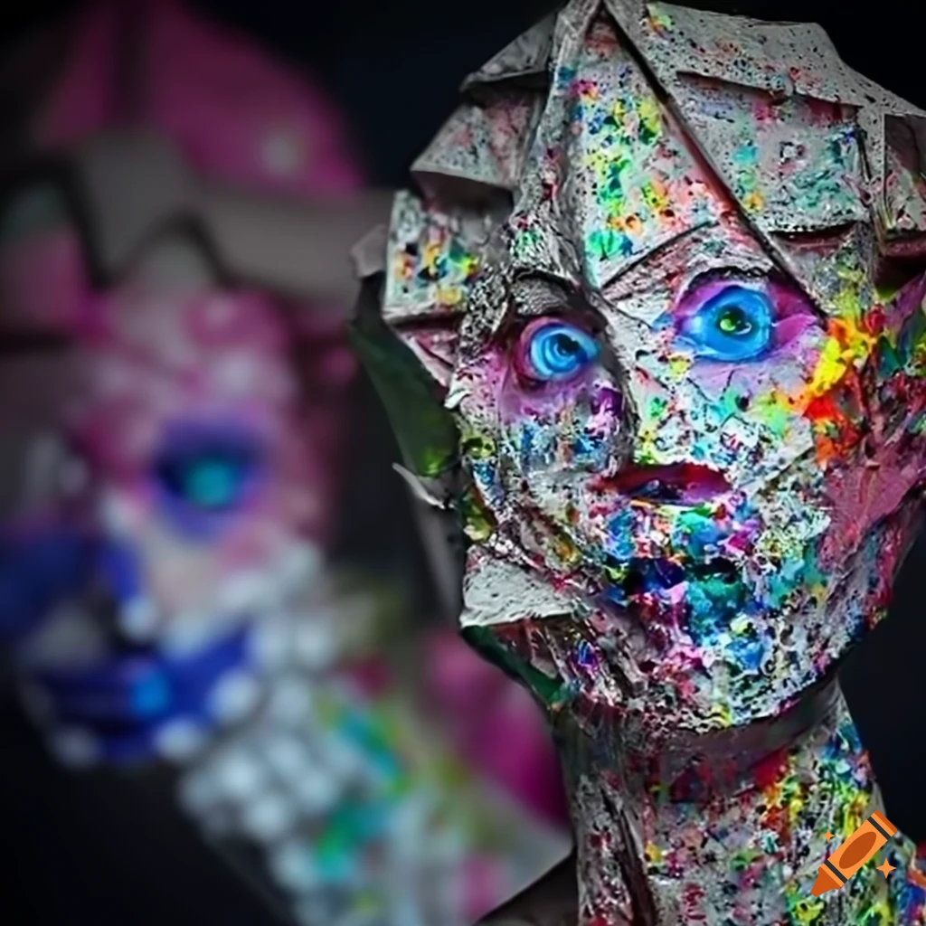 Sculpture of colorful origami figures with intricate details
