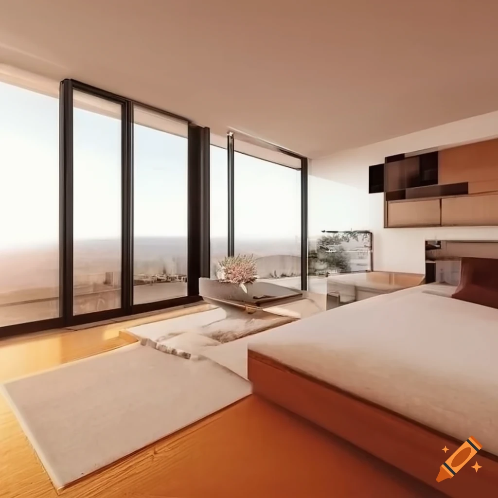 Golden hour sunset view from a luxury apartment with frameless windows ...