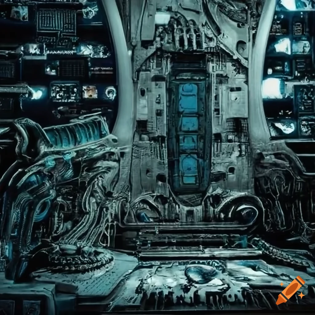 Surrealist aliens in a giger spaceship on Craiyon