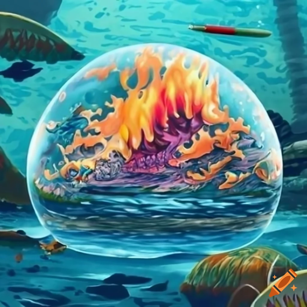 Colored pencil artwork of fire in an underwater glass dome on Craiyon
