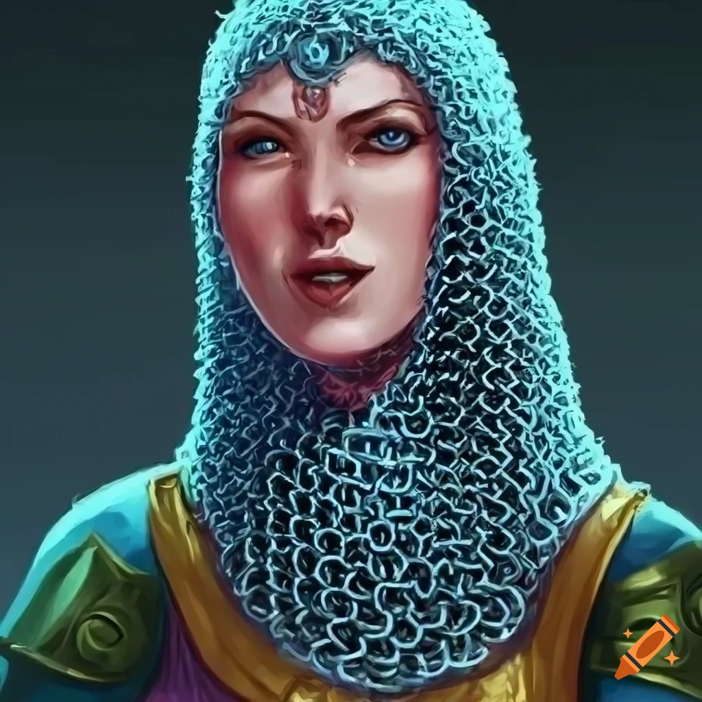 Digital portrait of a beautiful girl wearing a chainmail cap