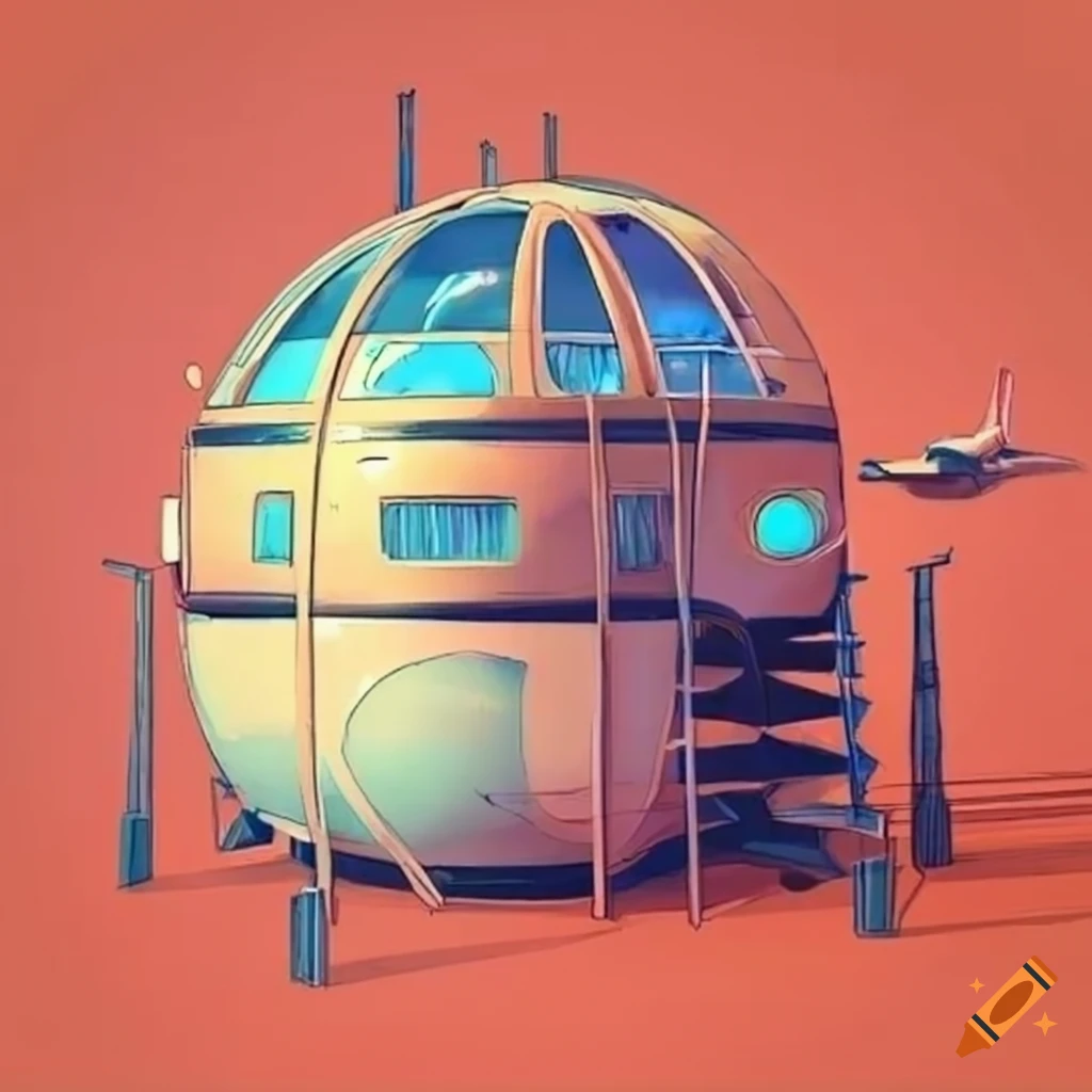 Retro-futuristic technical drawing of a unique living pod with landing ...