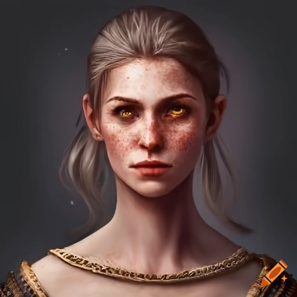 Character portrait of a smirking girl with freckles on Craiyon