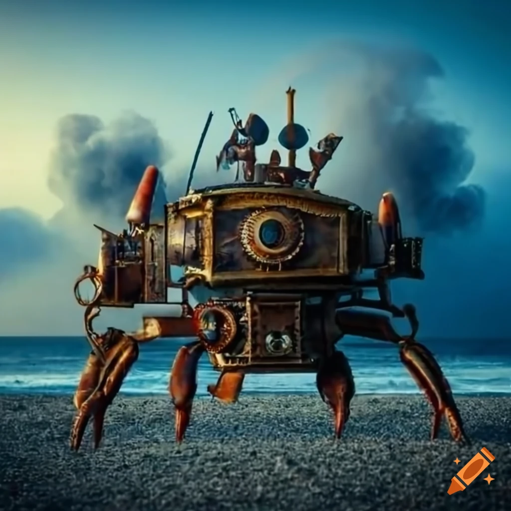 Steampunk crab machines on the beach on Craiyon