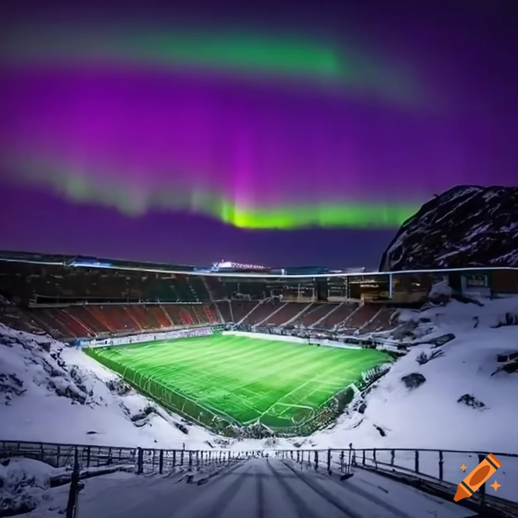 Football stadium illuminated by northern lights in the snow on Craiyon