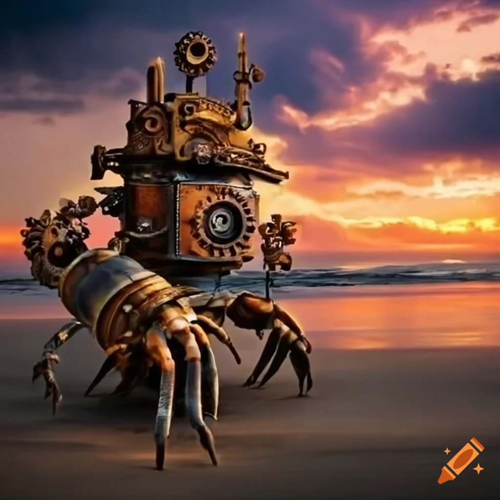 Steampunk crab sculptures on a beach with strange clouds at sunset on ...