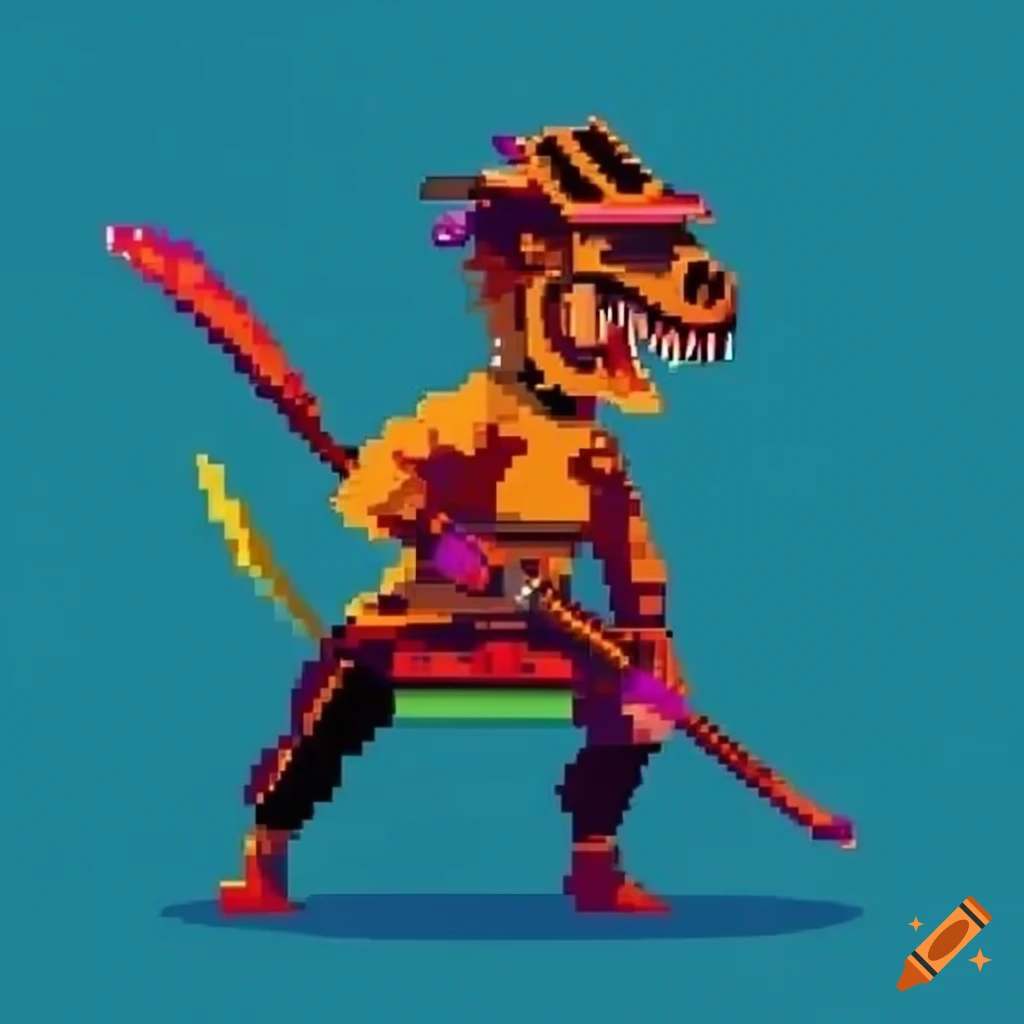 Pixel art of a samurai T-Rex in battle pose on Craiyon