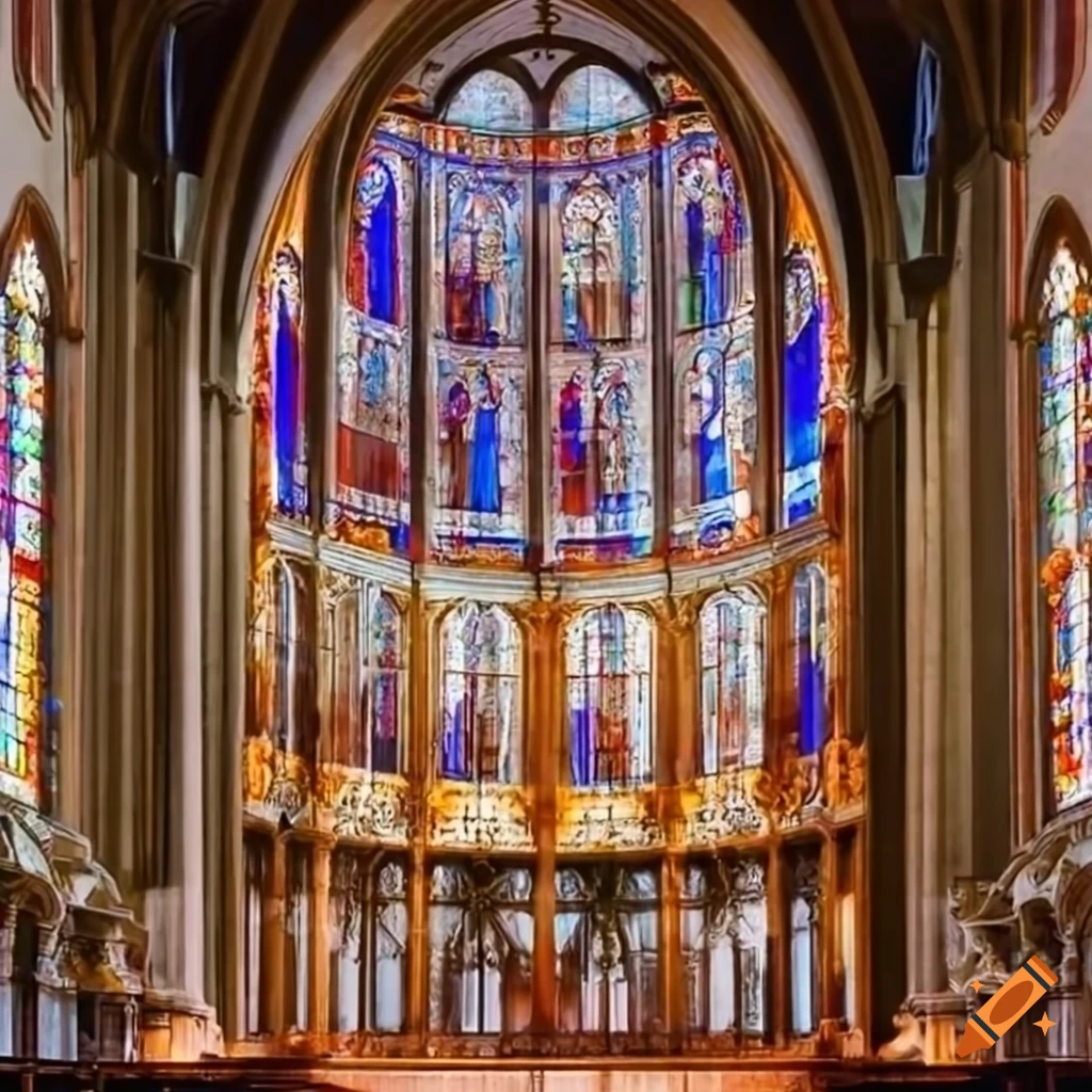 Stained glass windows inside a monastery on Craiyon