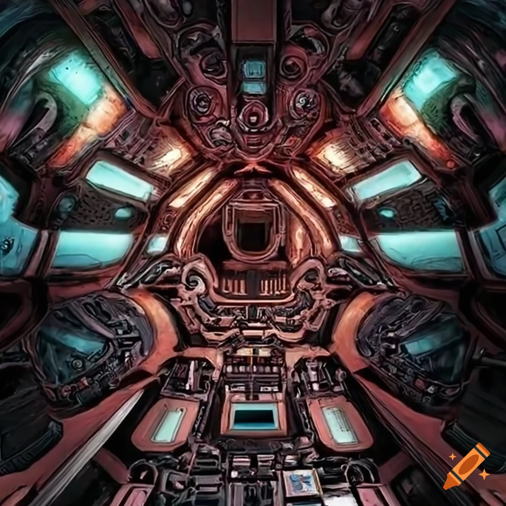 Surrealist spaceship with aliens and strange machines on Craiyon