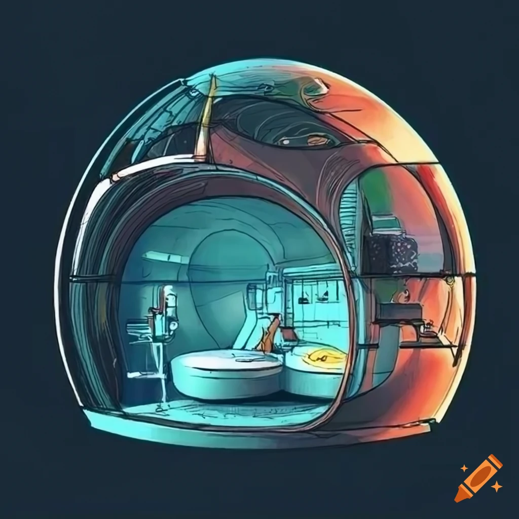 Retro futurism style technical drawing of a living pod with unique ...