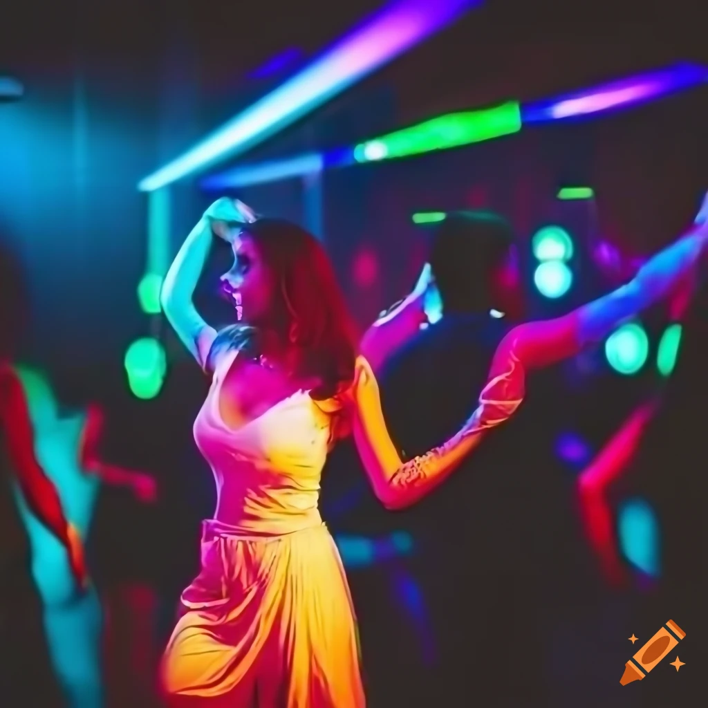 Energetic crowd dancing under colorful neon lights on Craiyon