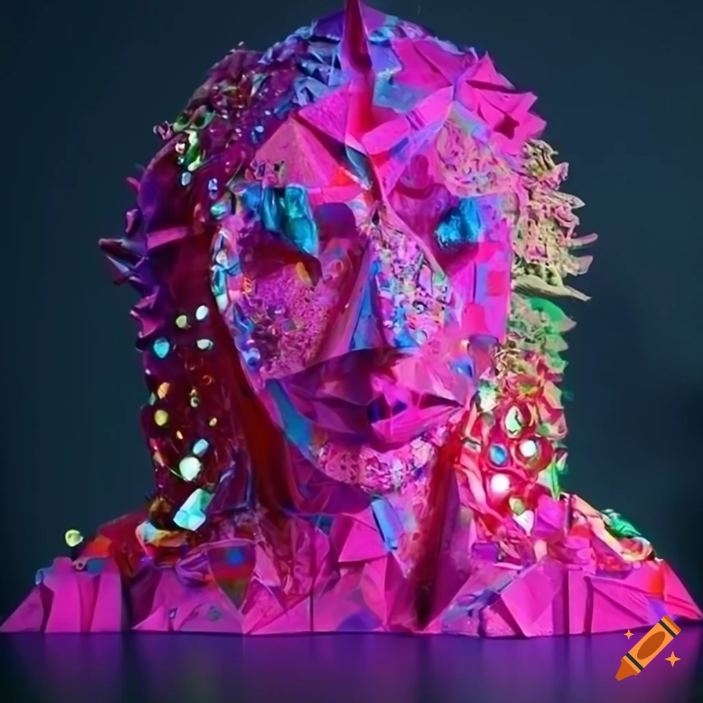 Surreal and colorful sculpture made of recycled paper