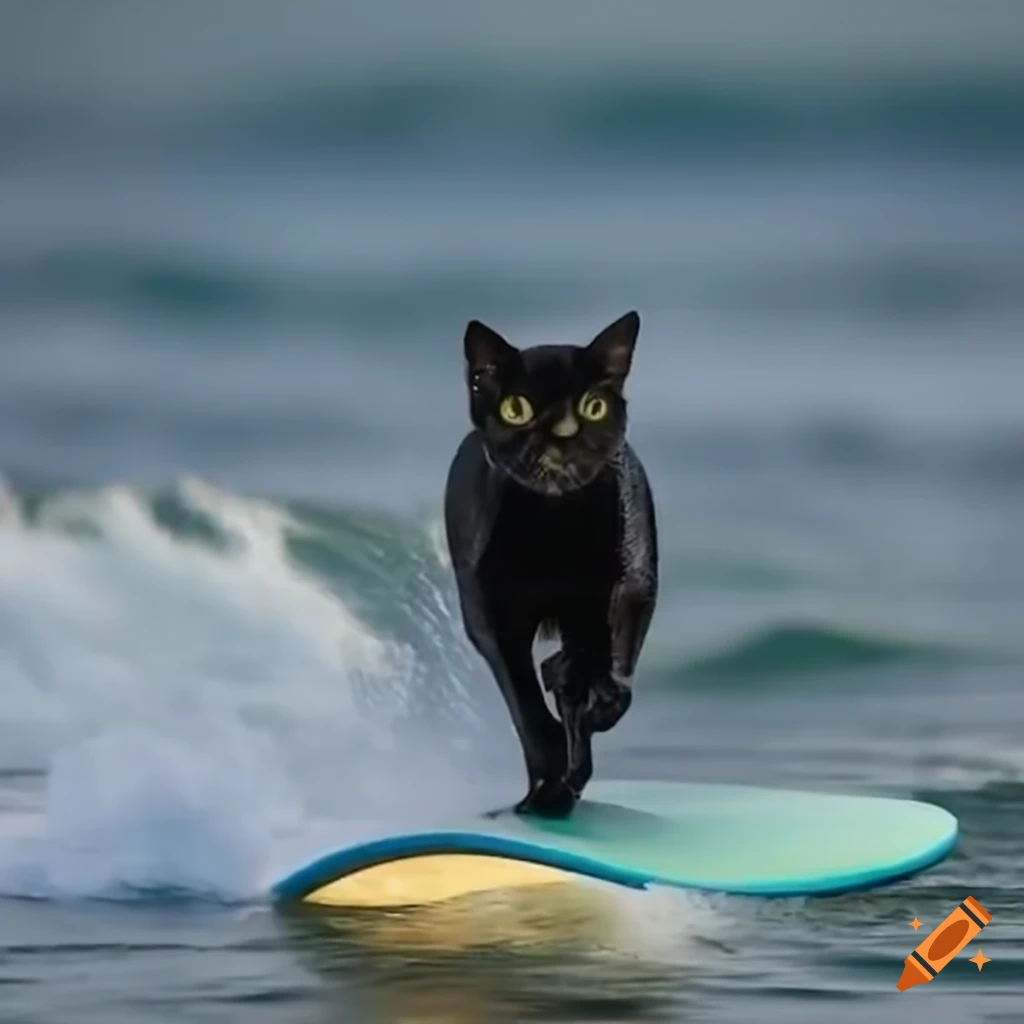Black cat surfing on a wave on Craiyon