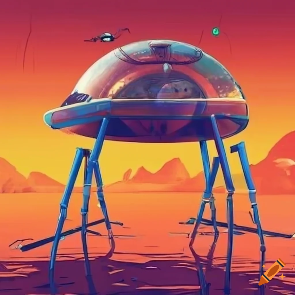 Retro-futuristic technical drawing of a living pod with unique landing ...