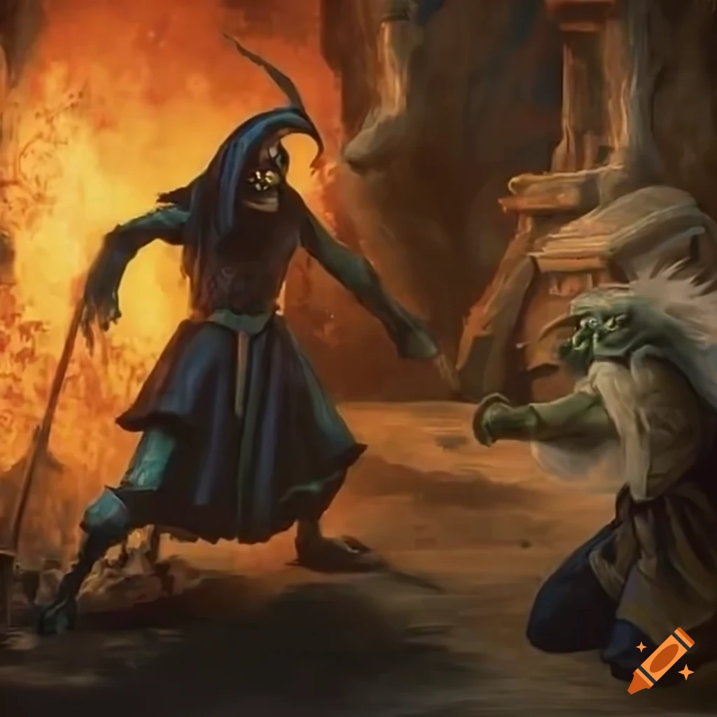 Image of a wizard battling a goblin on Craiyon