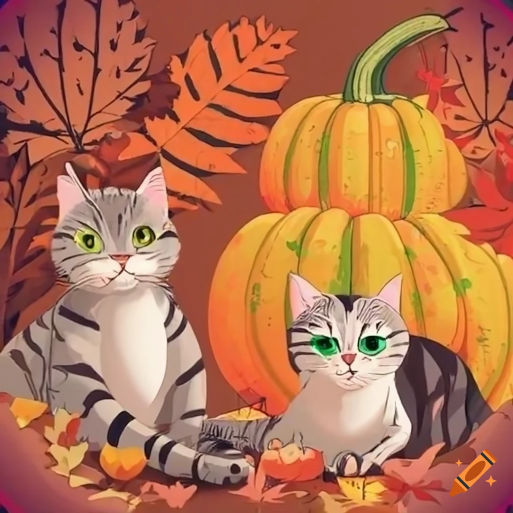 Fall leaves and pumpkins with cats on Craiyon
