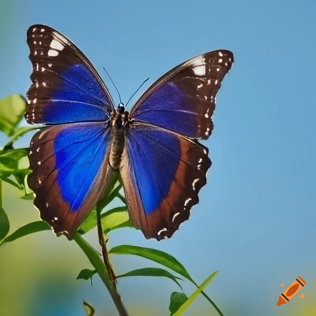 Blue morpho butterfly against a blue sky on Craiyon