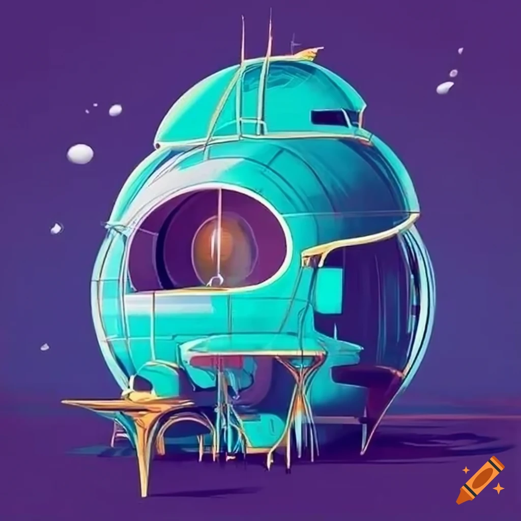 Retro futuristic technical drawing of a unique living pod on Craiyon