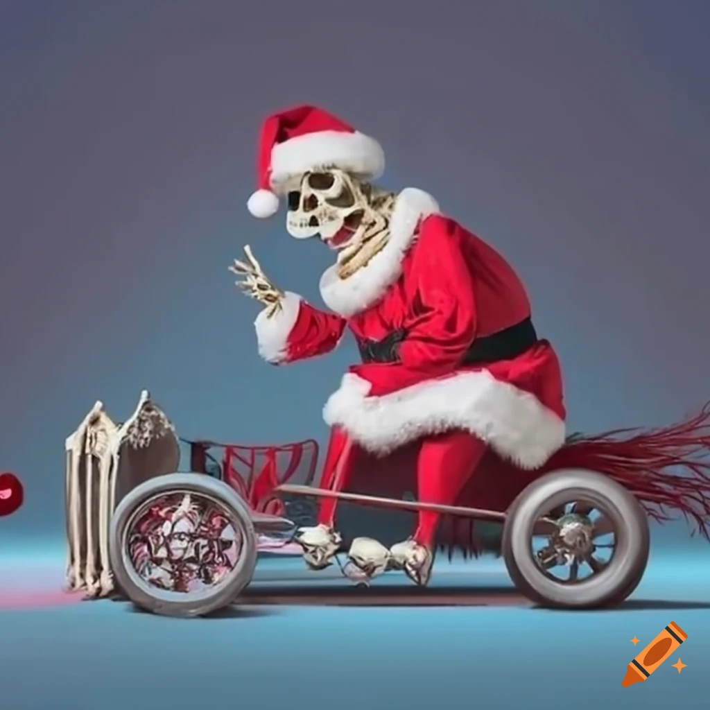 Santa claus skeleton driving a hot rod with father time