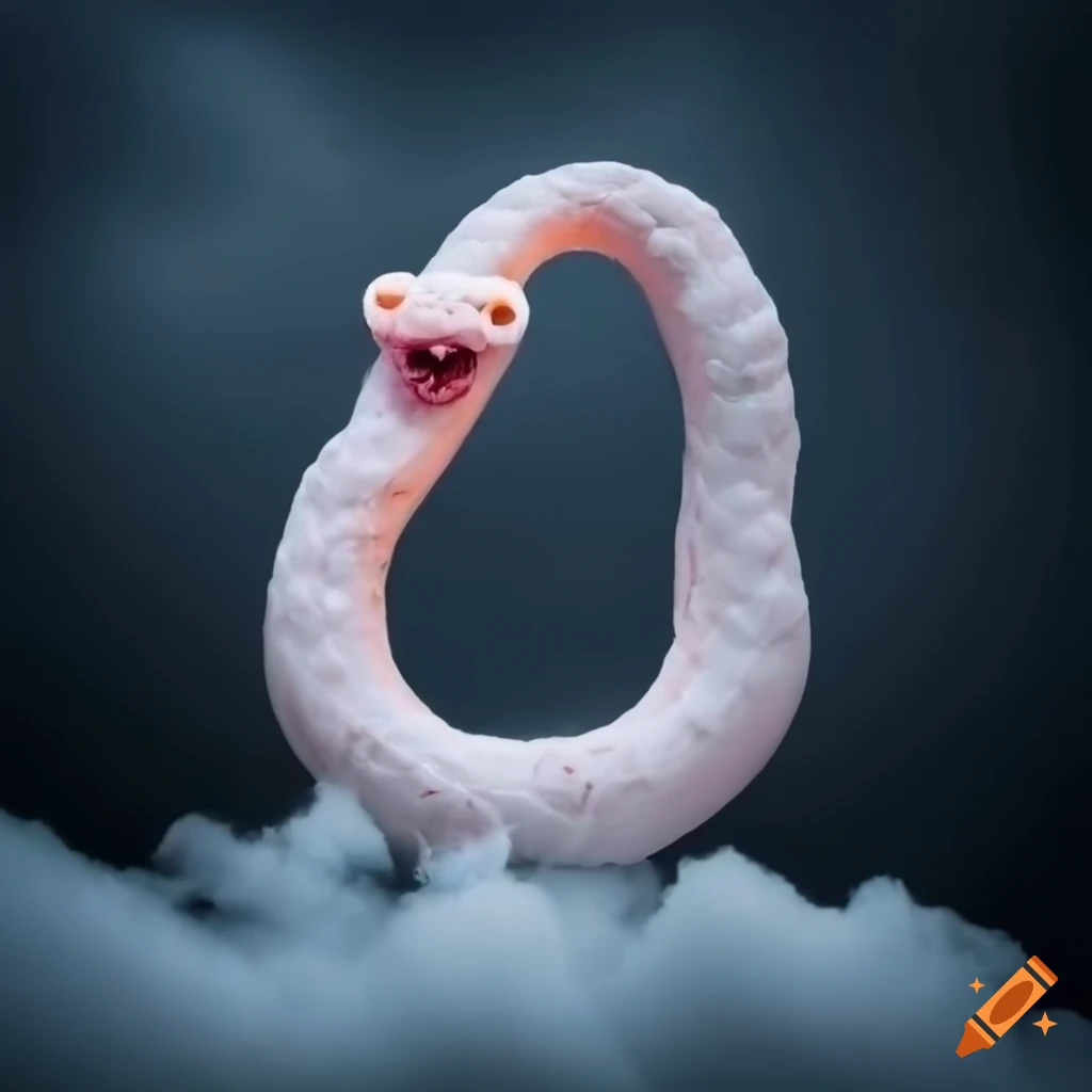 Image of a white cotton candy snake with dark cloudy background on Craiyon