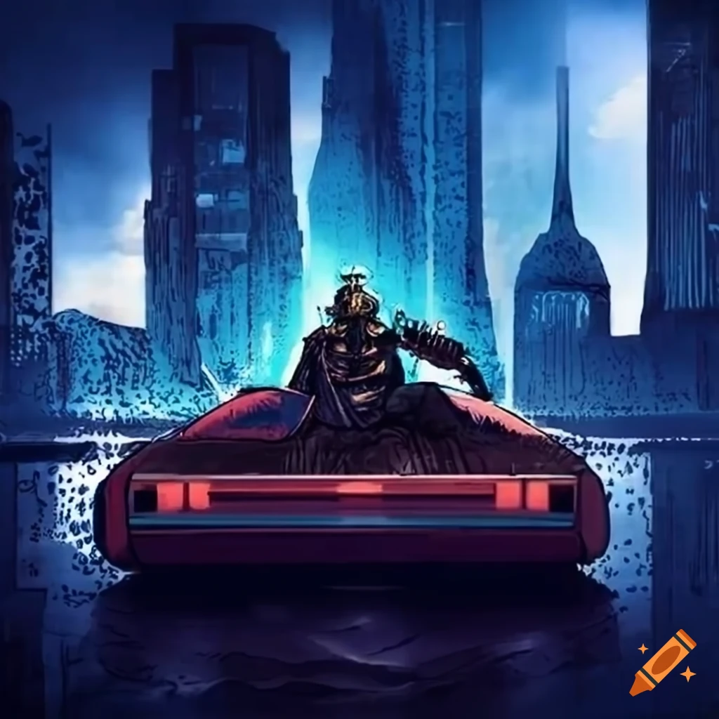 Futuristic samurai sitting on a car in a city