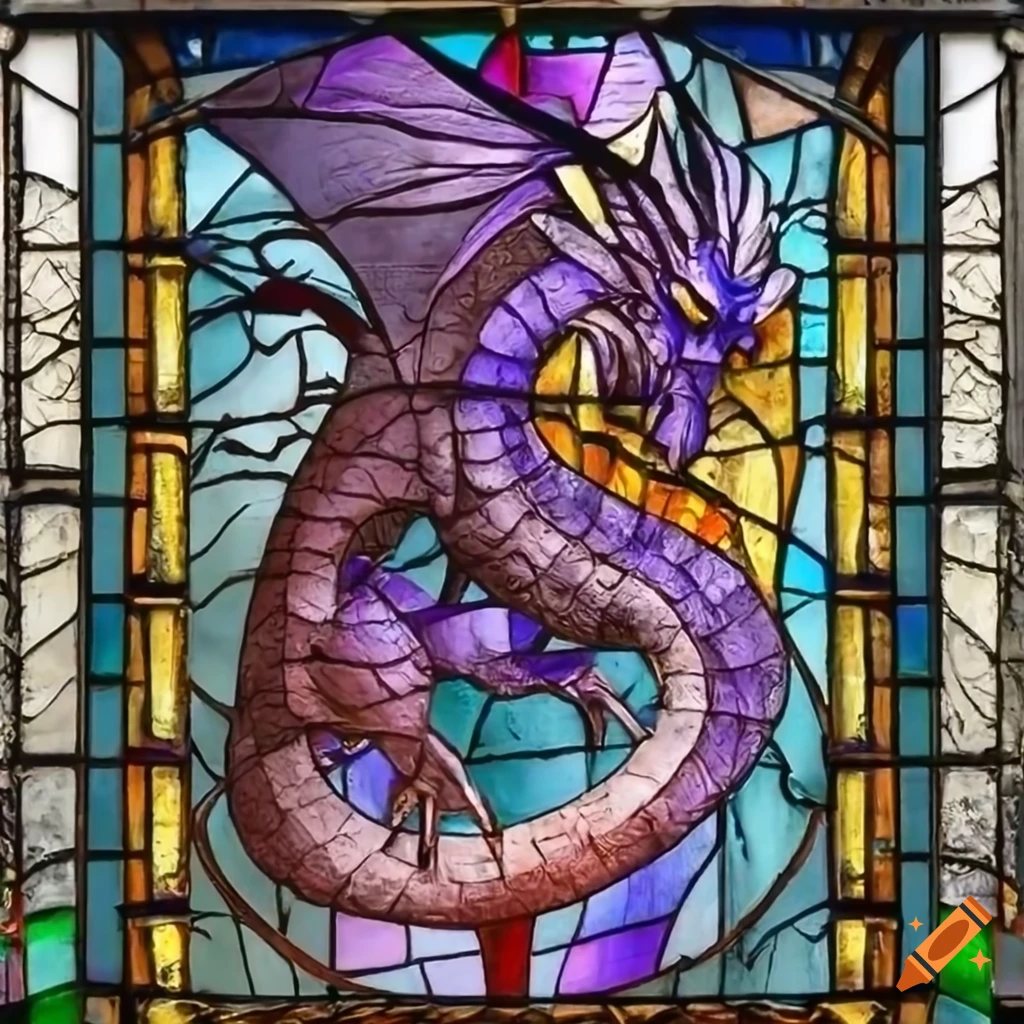 Stained glass depiction of a dragon in a medieval gothic style on Craiyon
