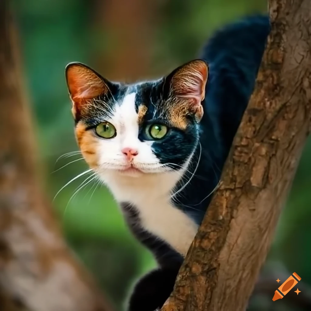 Calico cat perched on a tree branch on Craiyon