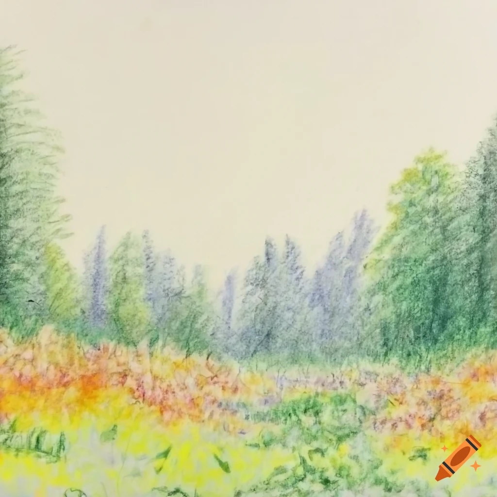 Colored pencil artwork of a flowery meadow surrounded by woodland