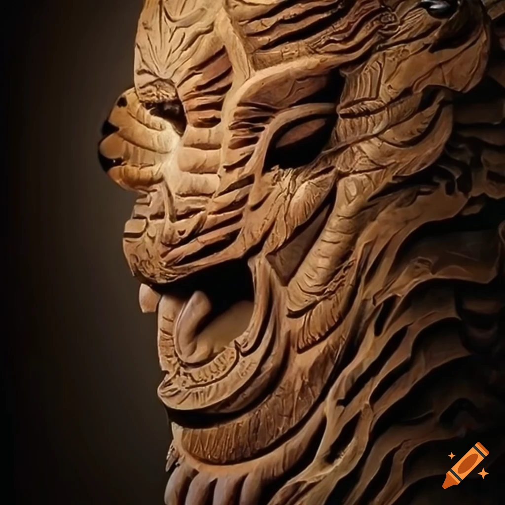 Detailed carving of a tiger with fire motif on Craiyon