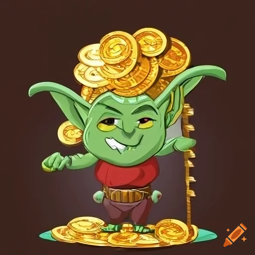 Cartoon goblin with gold coins on Craiyon
