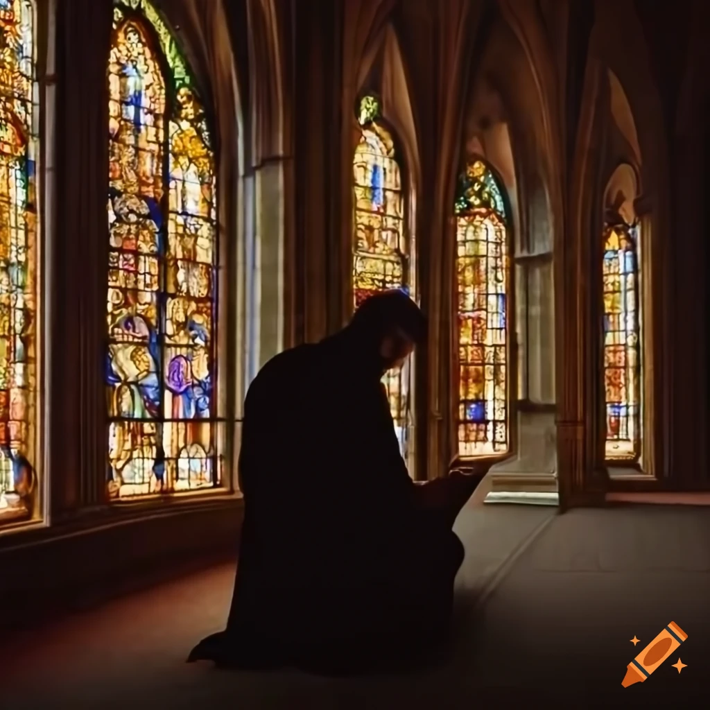 Men praying in a monastery with stained glass windows on Craiyon