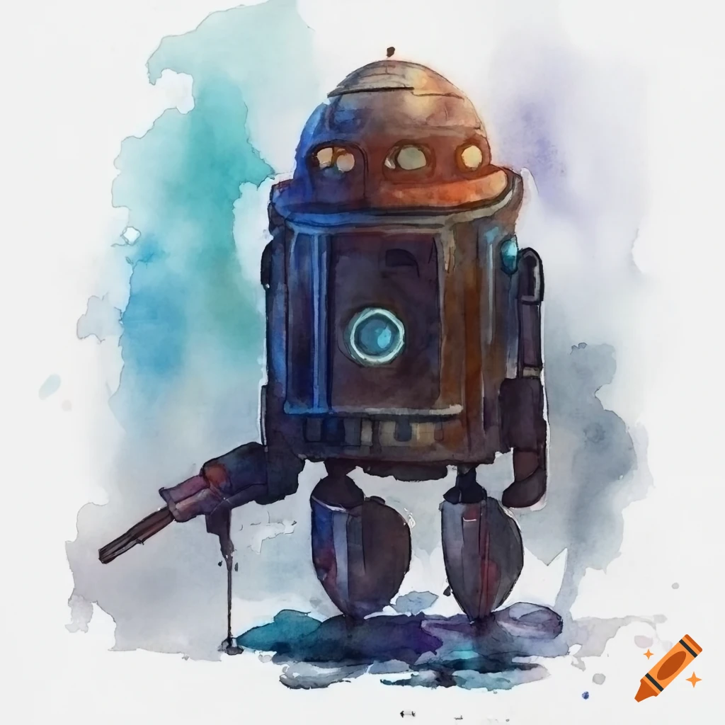 Watercolor painting of a fantasy security droid