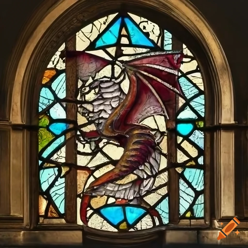 Gothic stained glass window with a flying dragon