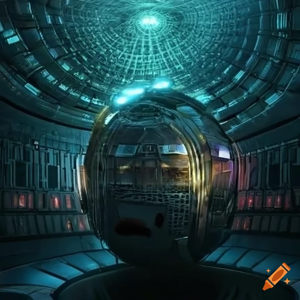 Surrealist aliens inside a spaceship with strange machines