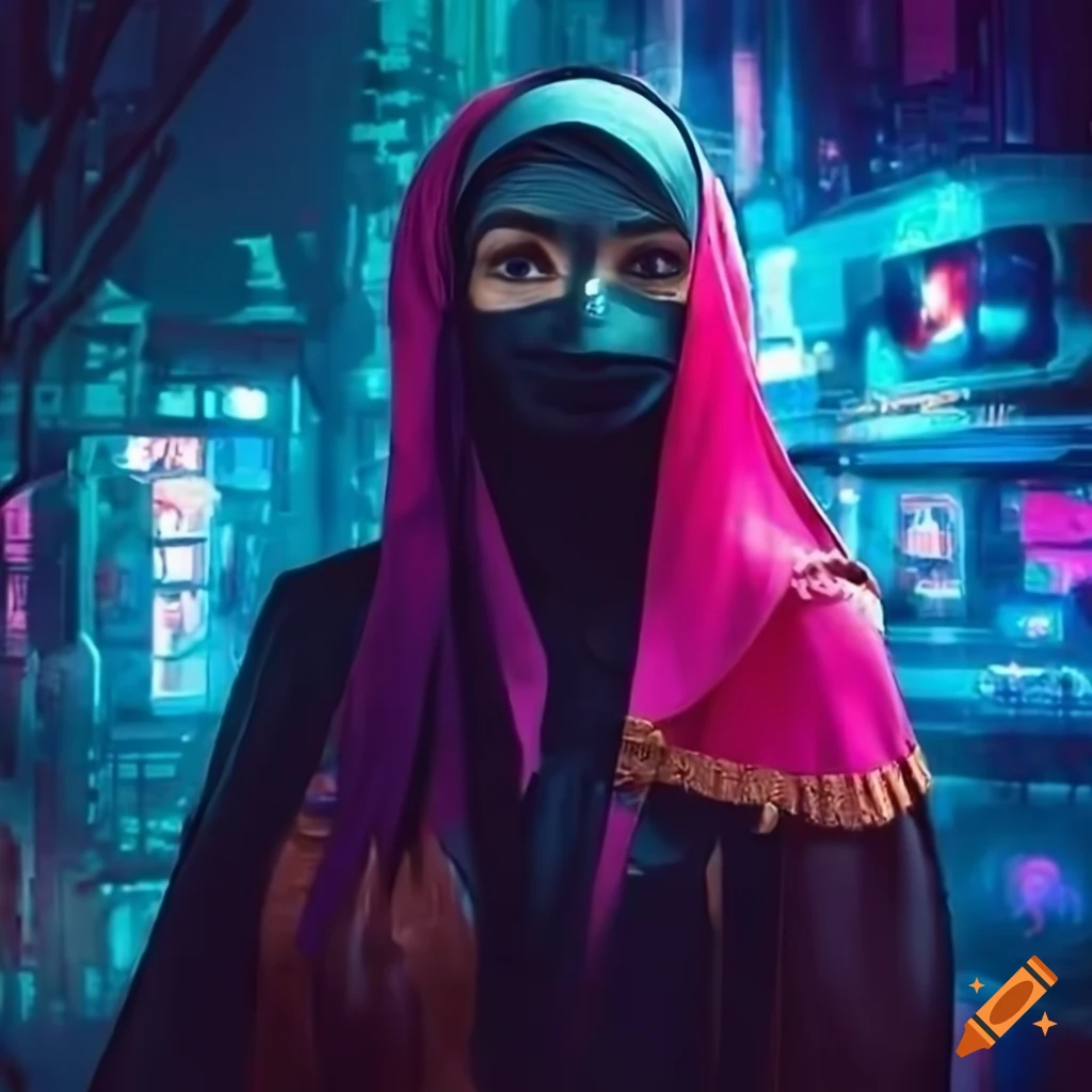 Futuristic cyberpunk scene in Tehran with a Muslim woman on Craiyon