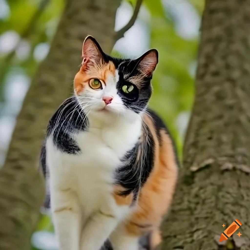 Calico cat perched on a tree branch