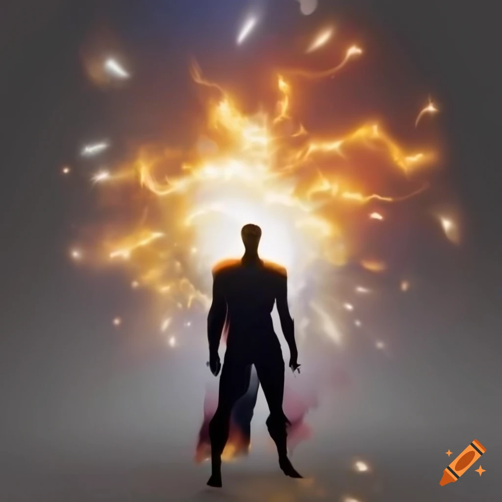 Silhouette of a powerful hero in front of a glowing explosion on Craiyon
