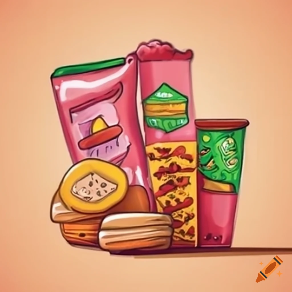 Assortment of international packaged snacks on Craiyon