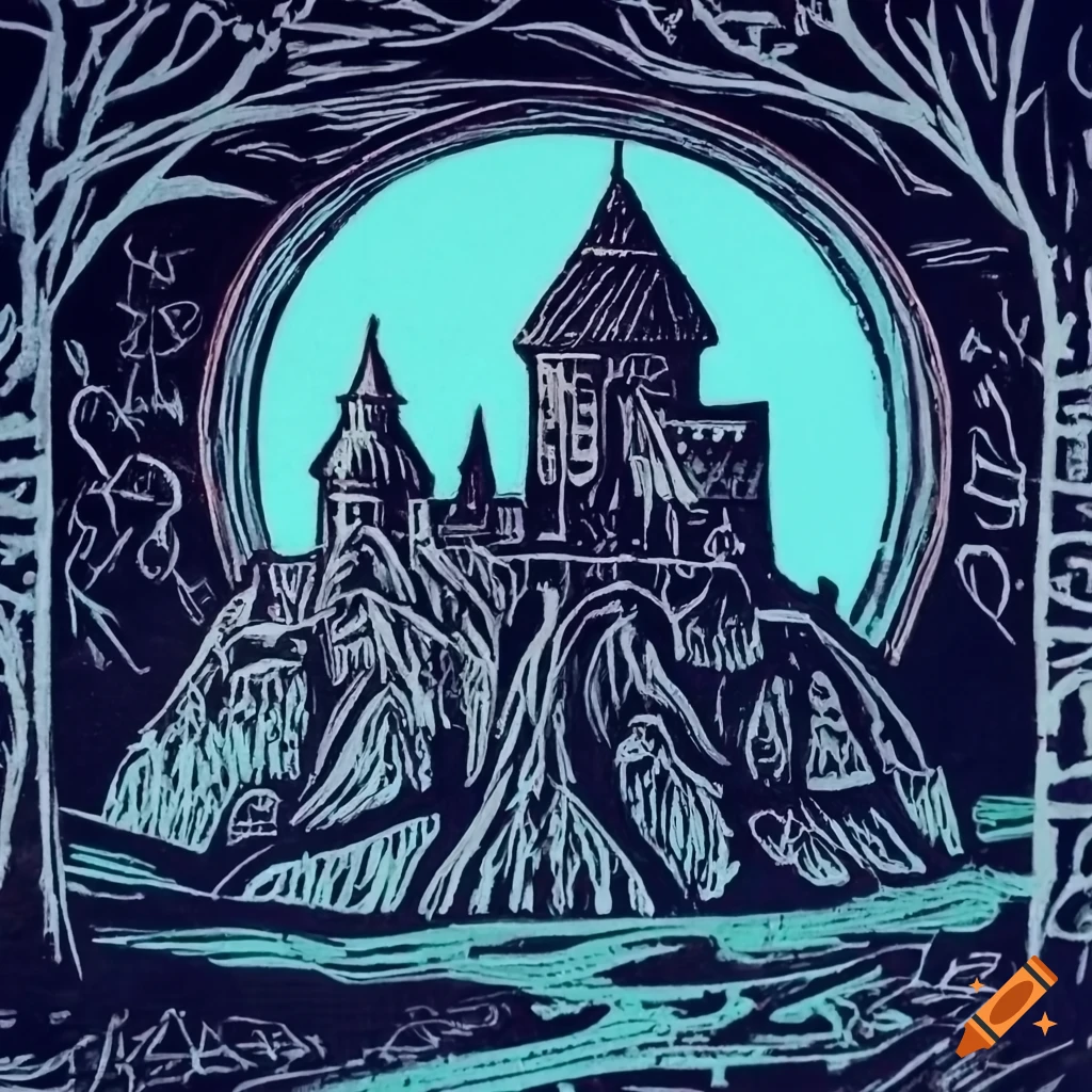 Linocut illustration of a castle under a moonlit forest
