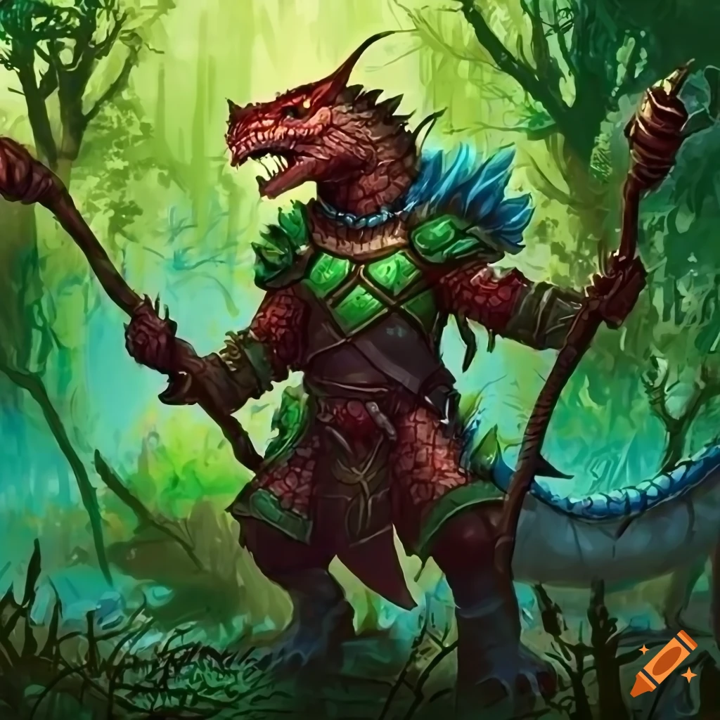 Detailed artwork of a druid chaman kobold humanoid in a magical forest ...