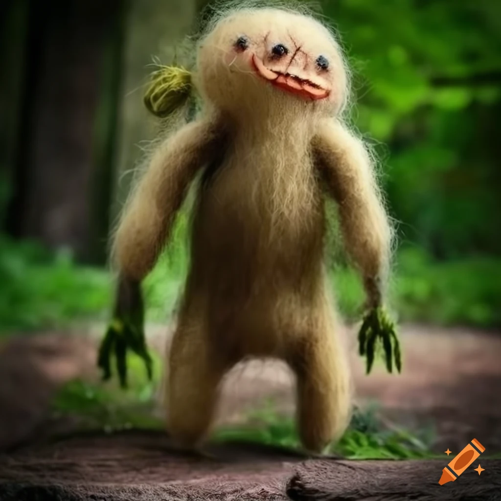 Elaborate animal-like forest spirit in vivid green moss surrounded by a ...