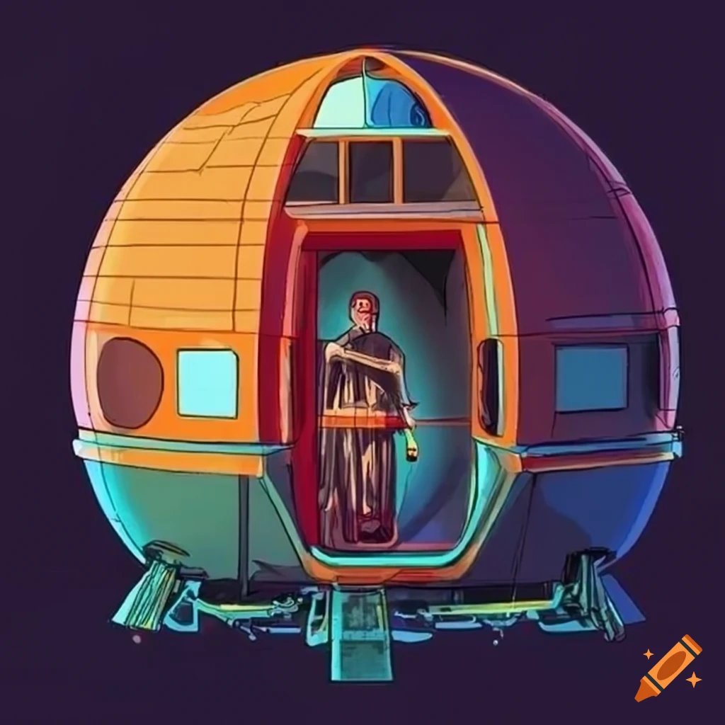 Retro futuristic technical drawing of a unique living pod on Craiyon